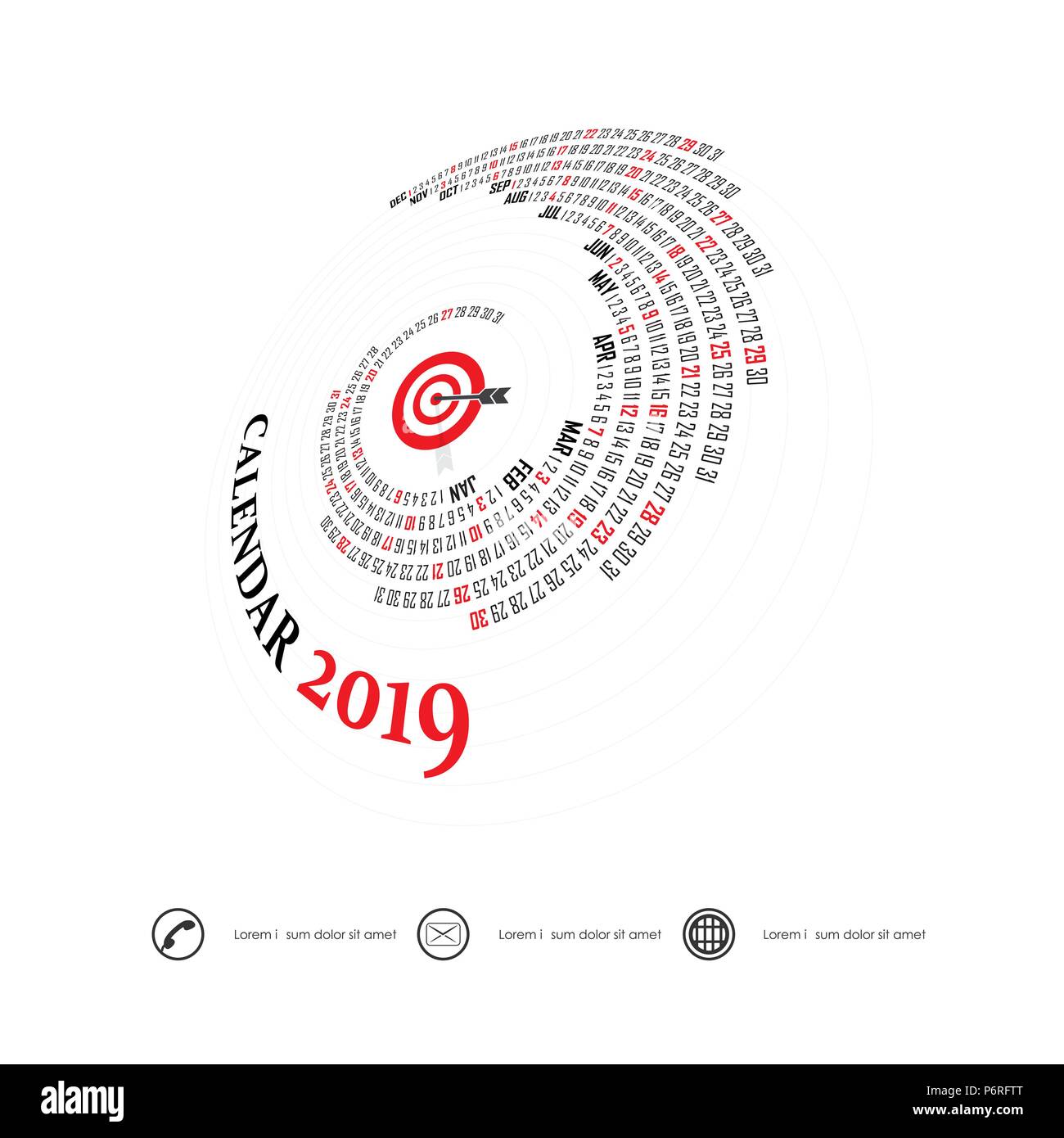 2019 Calendar Template.Spiral calendar.Calendar 2019 Set of 12 Months ...