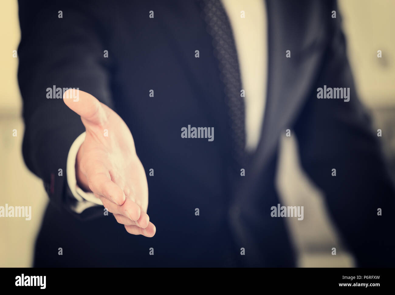 Businessman stretching open hand offering handshake and inviting to ...