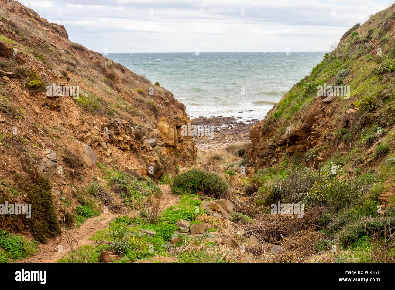 Dry riverbed in a gully approaching the St Vincent Gulf, Marino ...