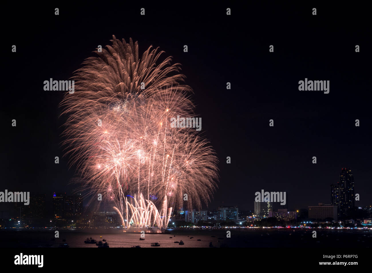 Fireworks explored over cityscape at night in Pattaya International ...