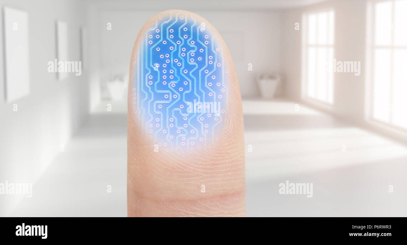 Finger pressing on virtual button with dactyloscopy scanner Stock Photo ...