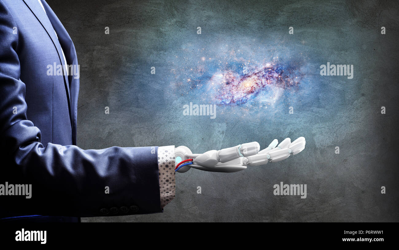White robotic hand presents galaxy space. 3d rendering Stock Photo - Alamy
