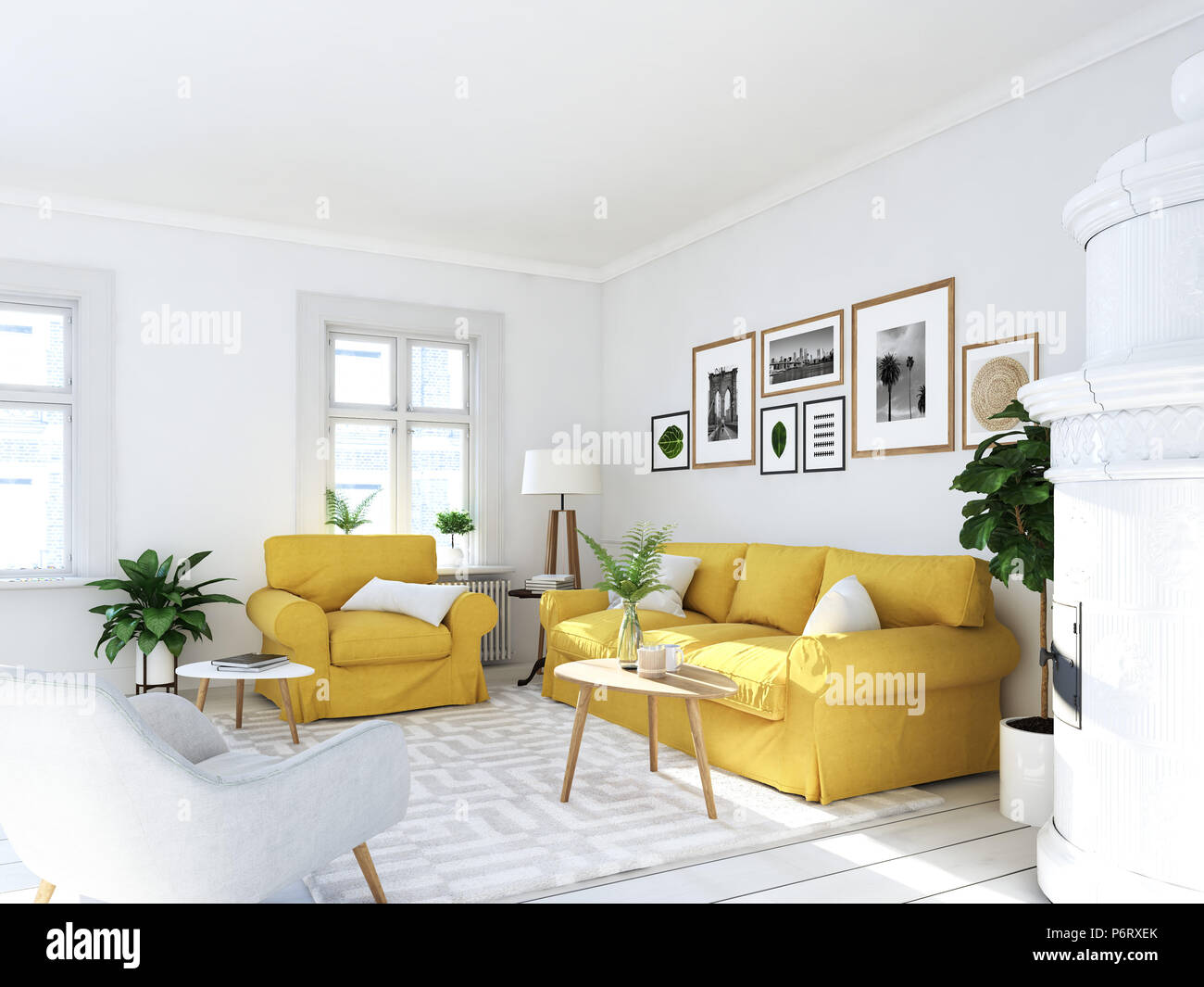 living room with picture frames and fireplace. 3d rendering Stock Photo ...