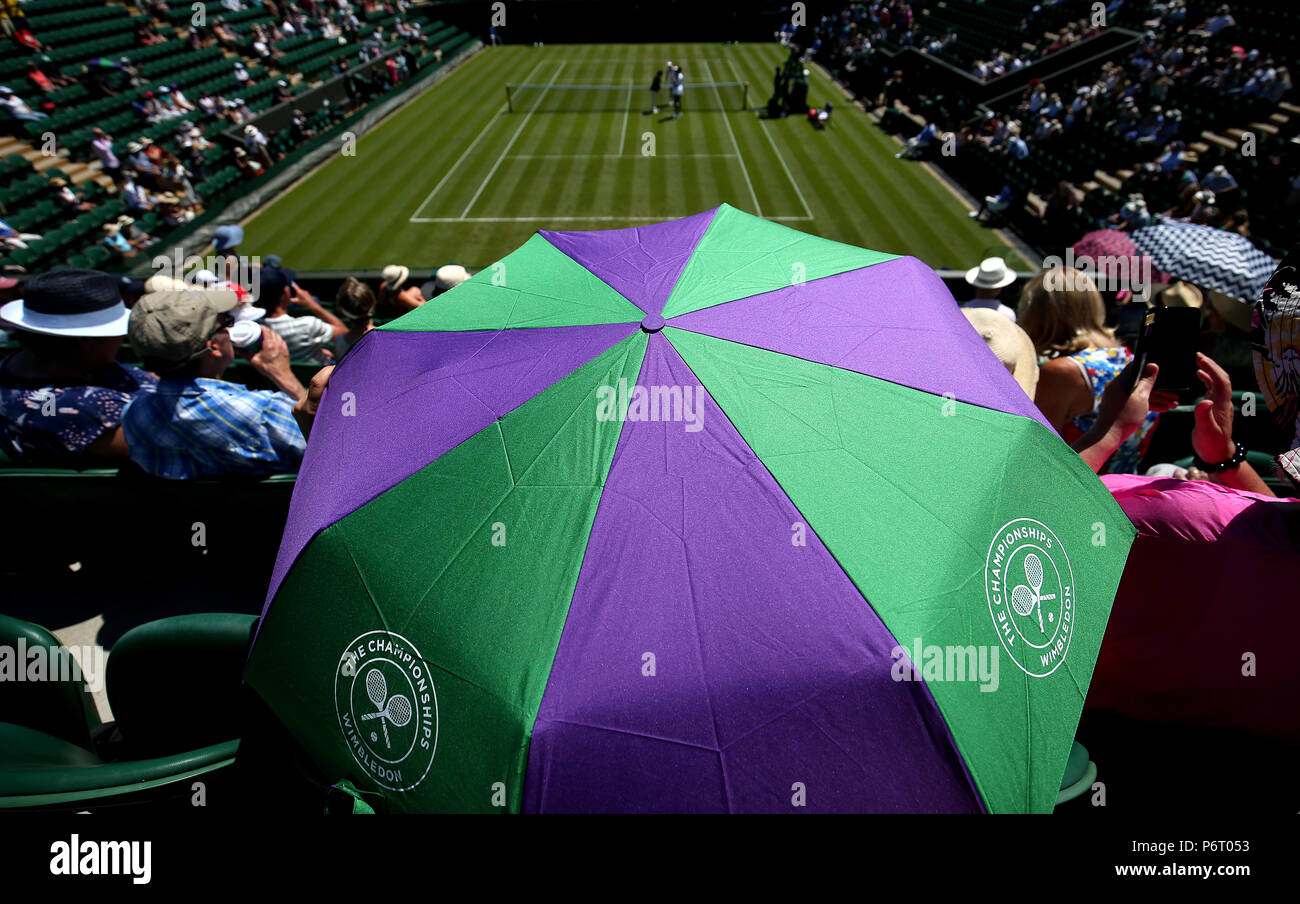 A general view of a Wimbledon umbrella on day One of the Wimbledon ...