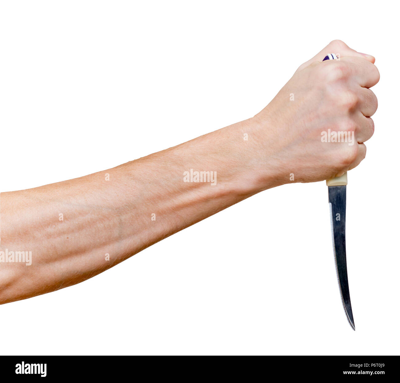 Man's hand with knife in fist. Aggression, crime or self-defence ...