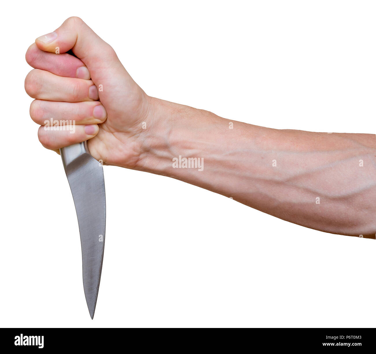 Man's hand with knife in fist. Aggression, crime or self-defence ...