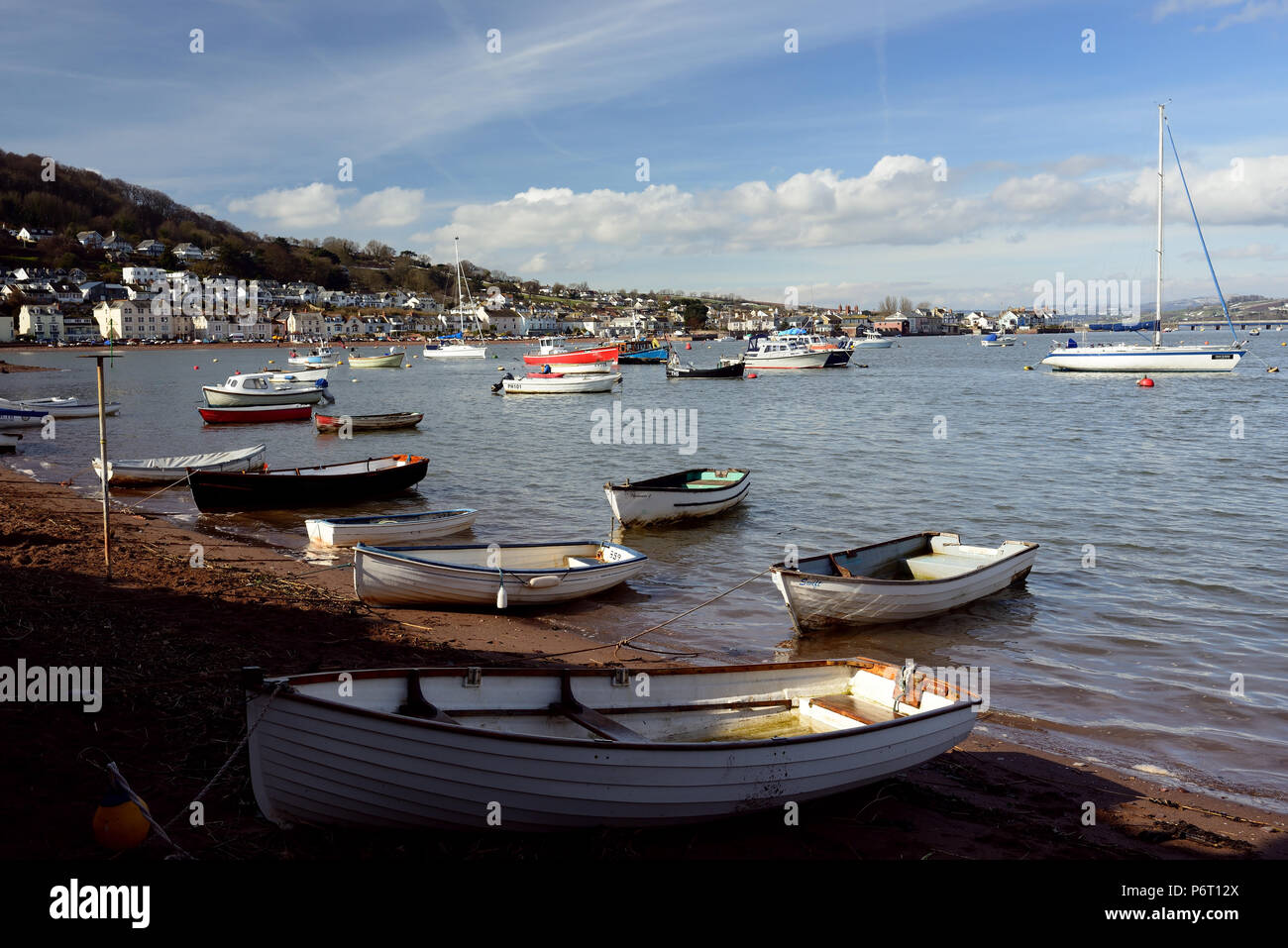 Boats moored in the Teign estuary at Teignmouth, looking towards ...