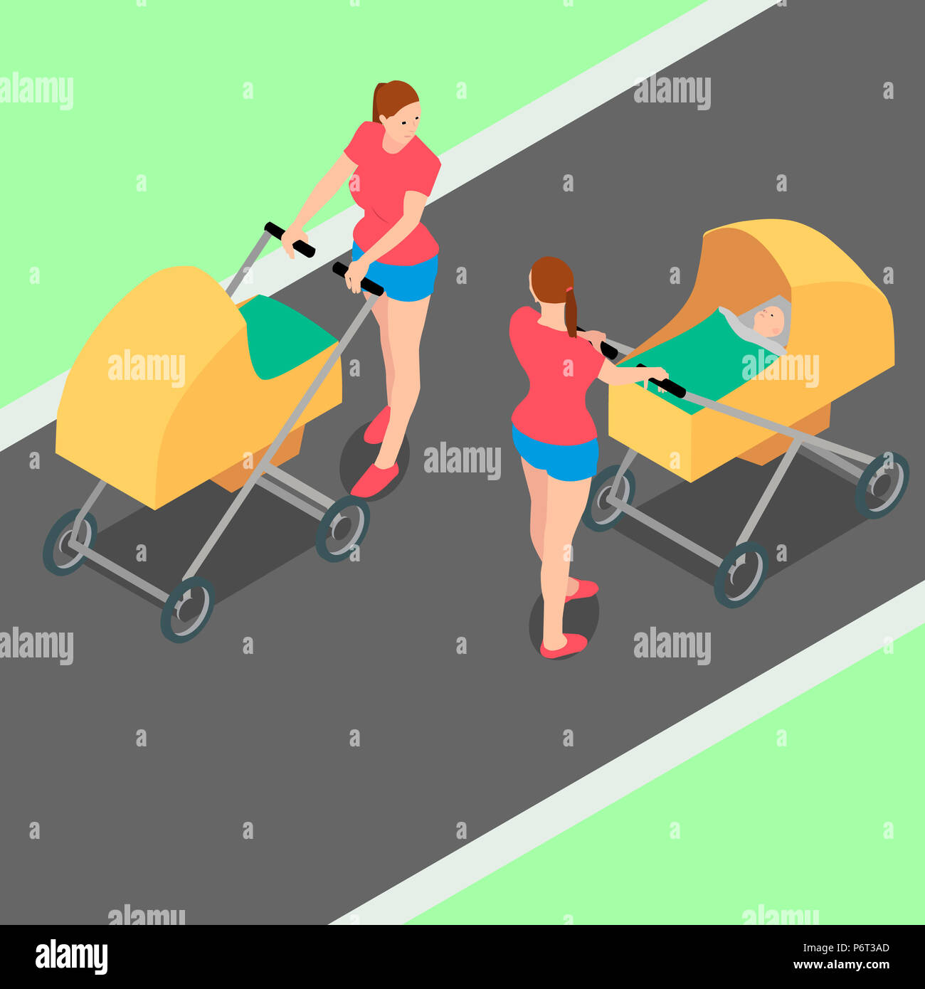 Two identical women with strollers are walking in the park. Two women ...