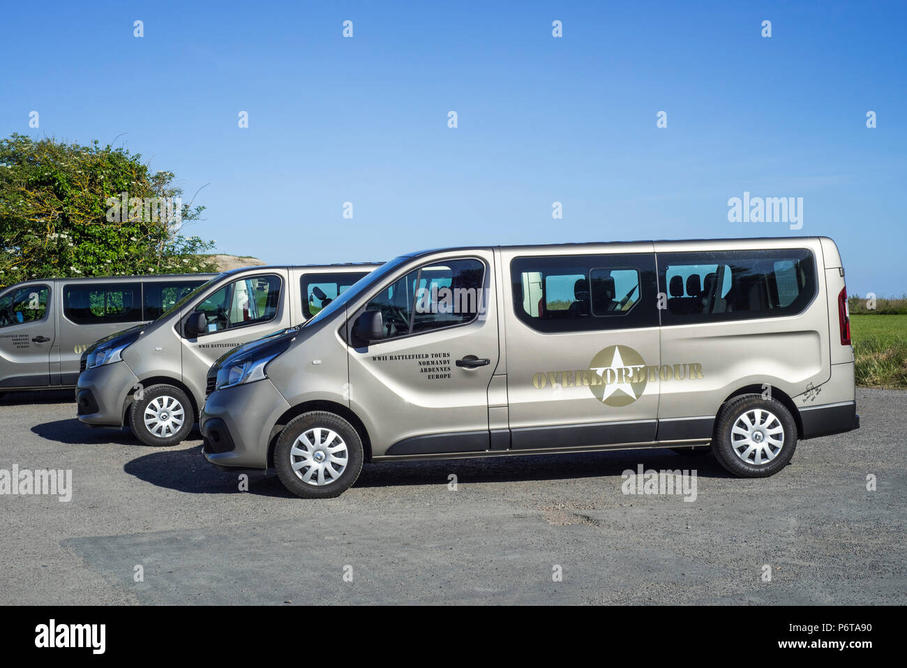 Overlordtour vans / mini-buses parked at former D-Day WW2 battlefield ...