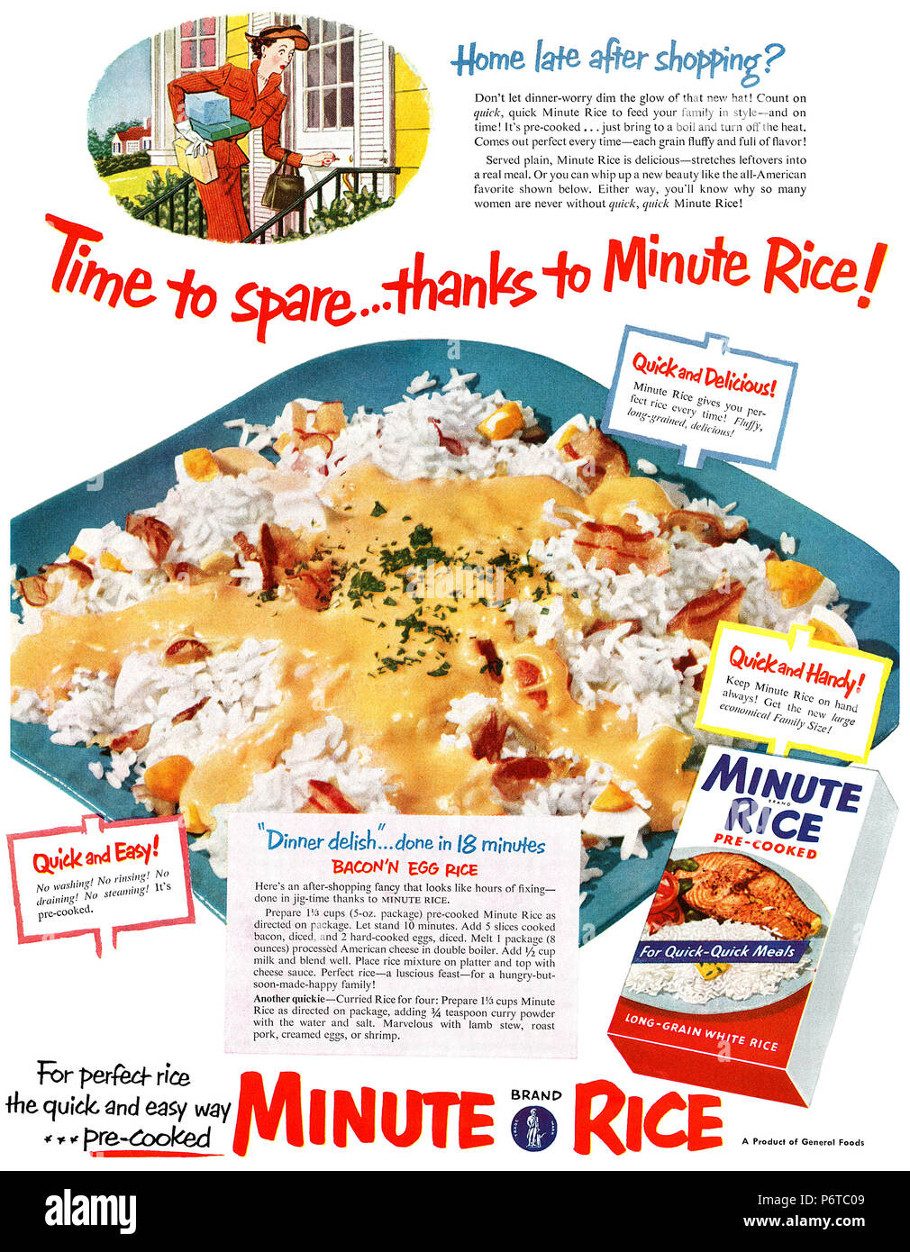 1952 U.S. advertisement for Minute Rice pre-ccoked long grain white ...