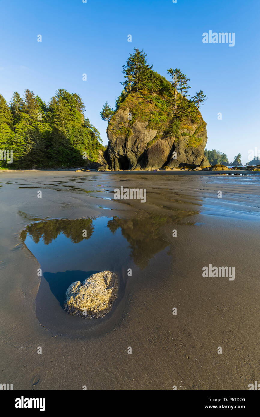 Rock formations of Point of Arches with the sandy surface of Shi Shi ...