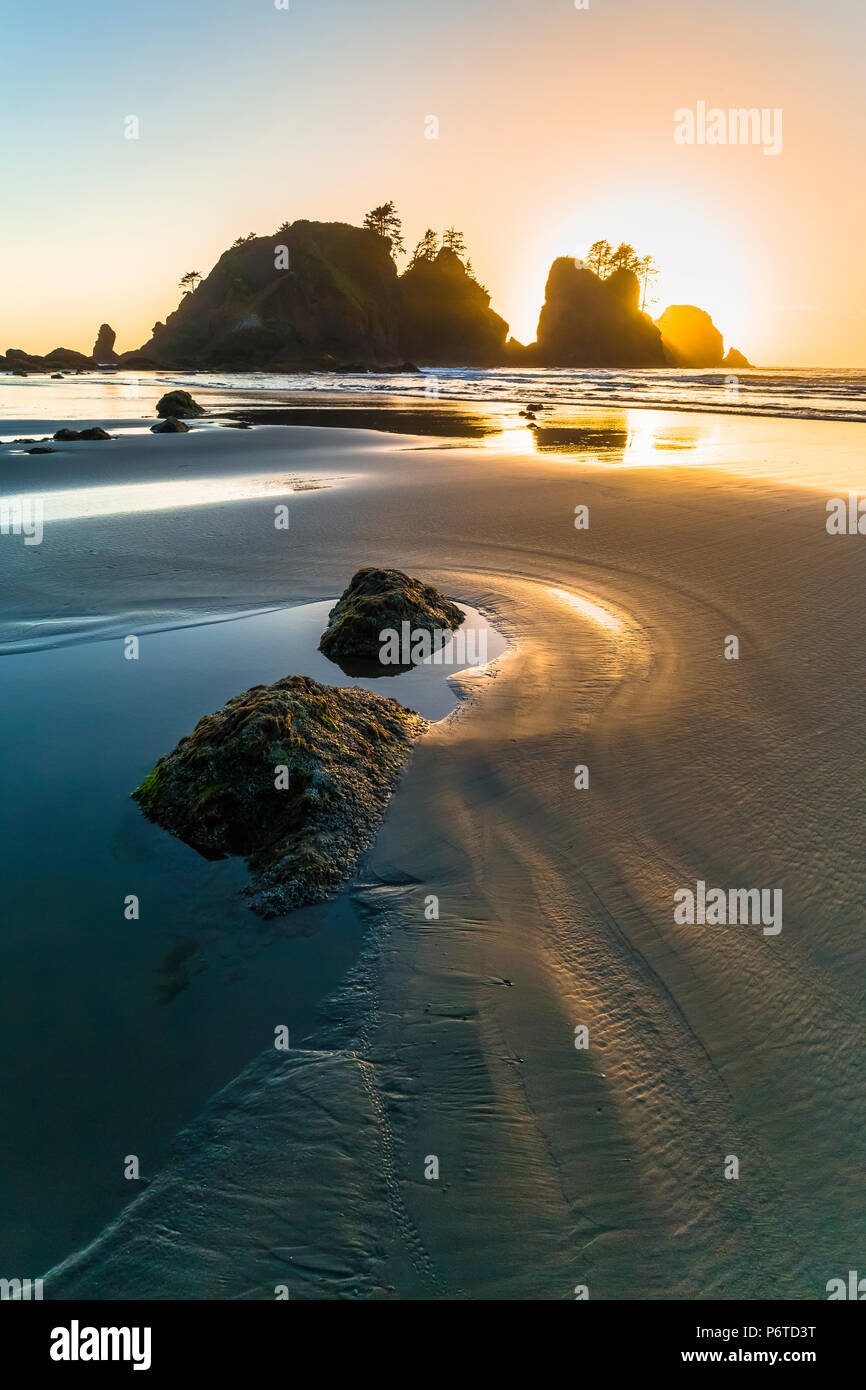 Point of Arches rocks at sunset, viewed from Shi Shi Beach along the ...