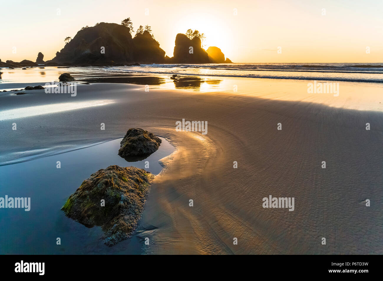 Point of Arches rocks at sunset, viewed from Shi Shi Beach along the ...