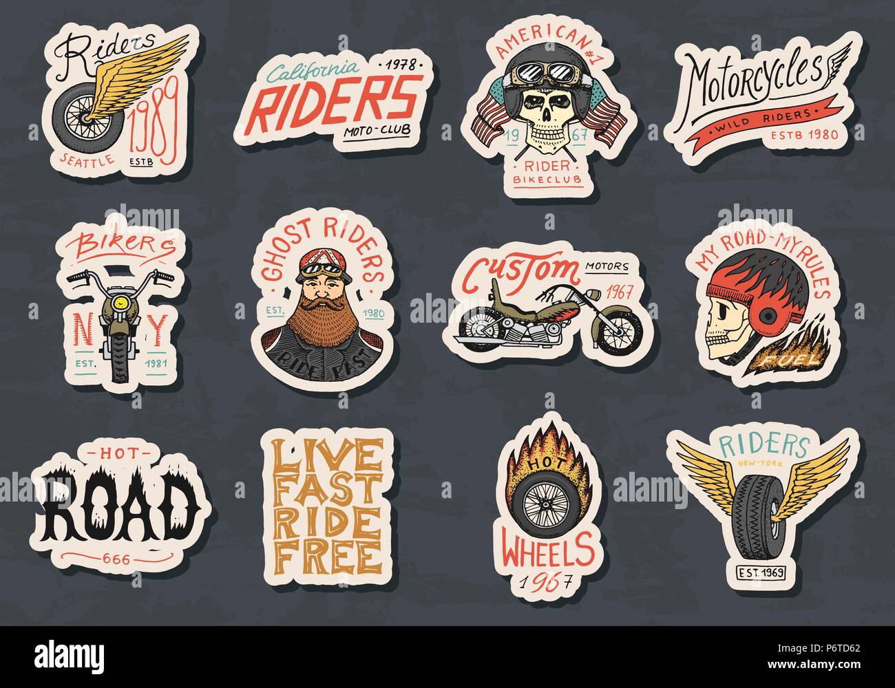 Biker club stickers templates. Vintage custom Motorcycle and skull ...