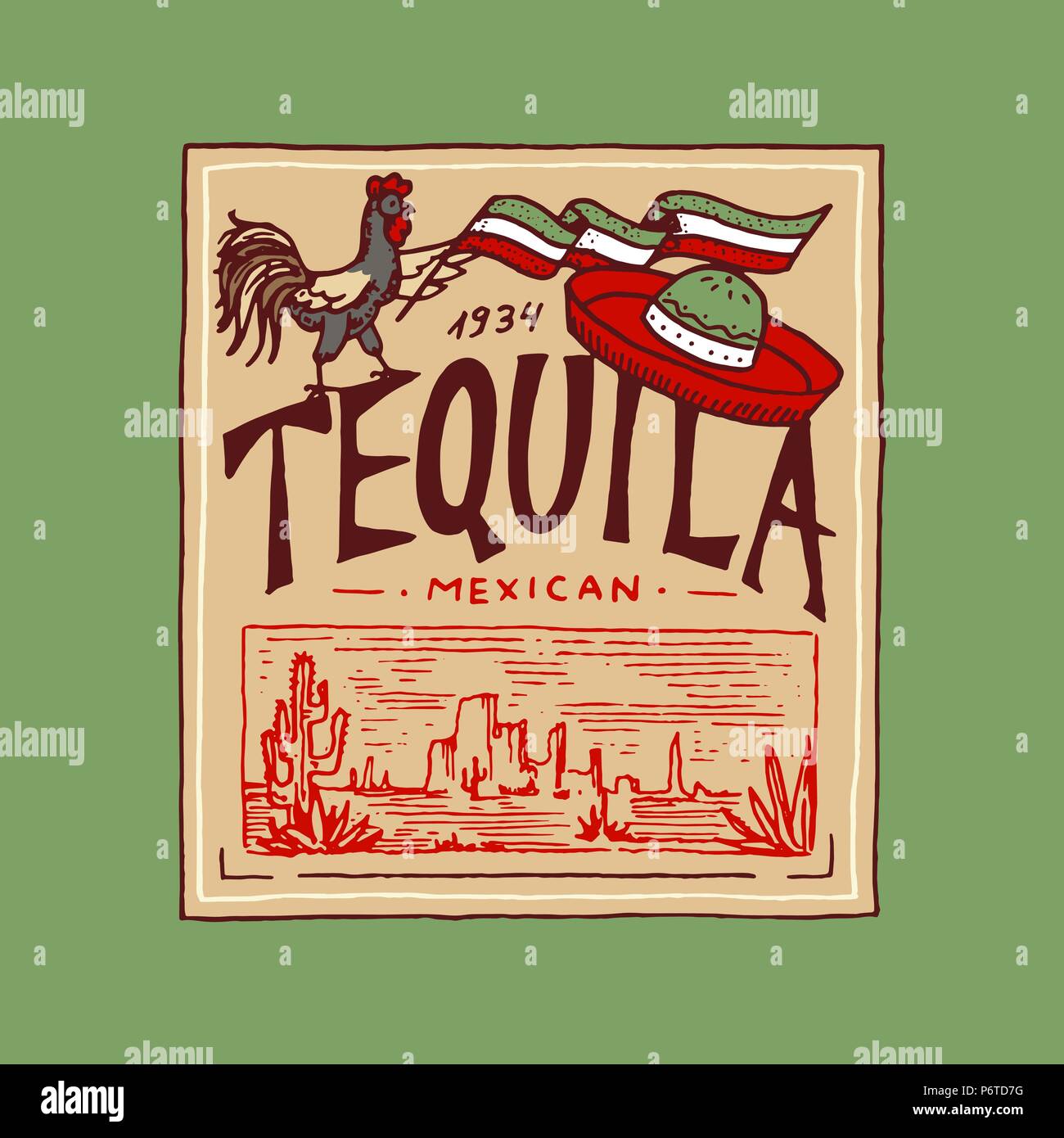 Vintage tequila label badge with vineyard. Alcohol logo with ...