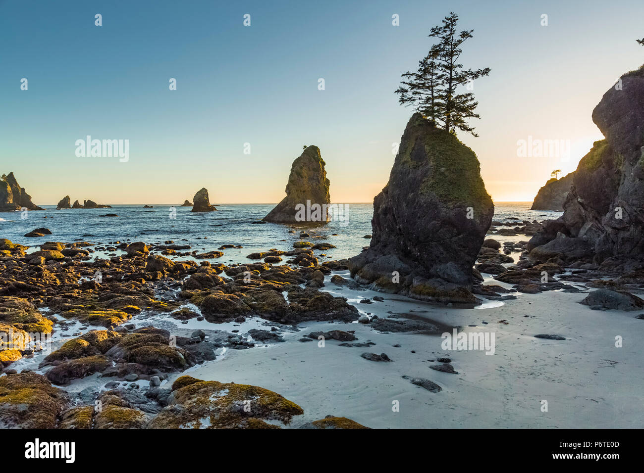Point of Arches rocks at sunset, viewed from Shi Shi Beach along the ...