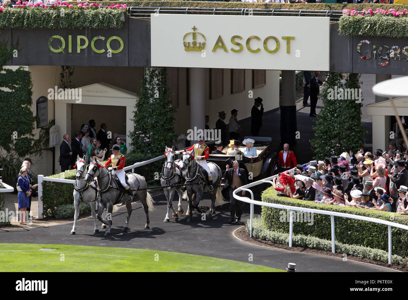 Royal Ascot, Royal Procession. Queen Elizabeth the Second arriving at ...