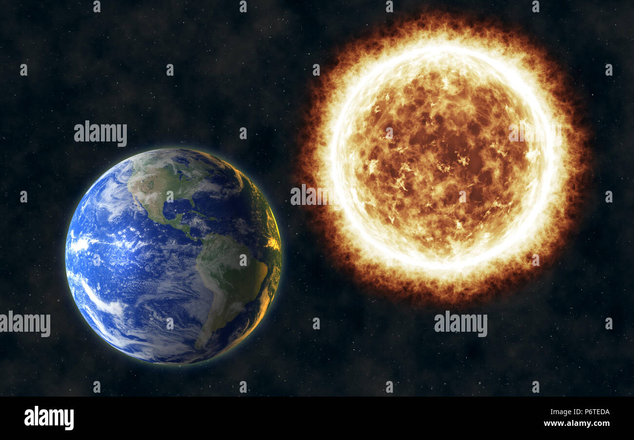 earth heating from extreme fiery Sun in space 3d illustration Stock ...