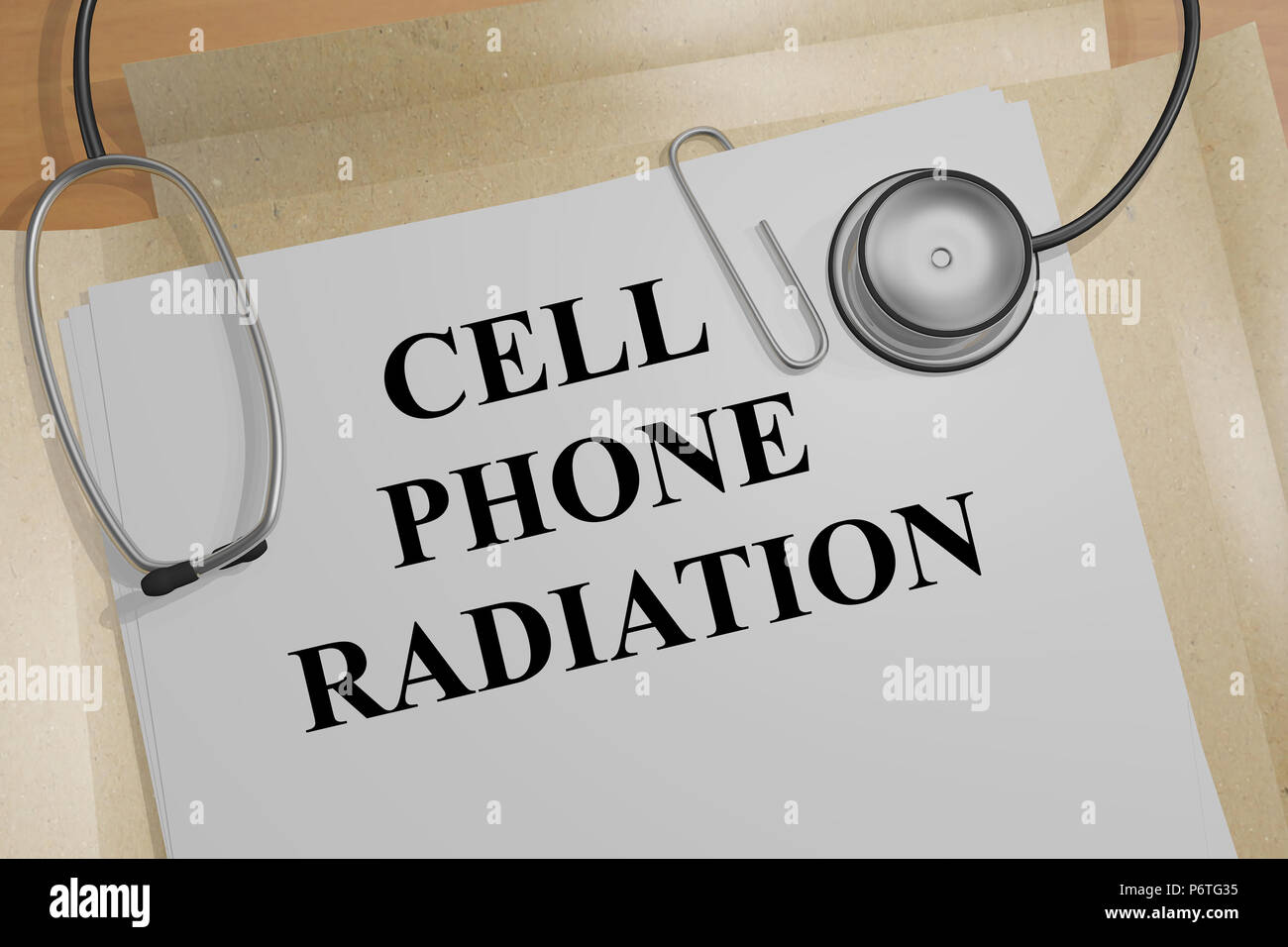 3D illustration of CELL PHONE RADIATION title on a medical document ...