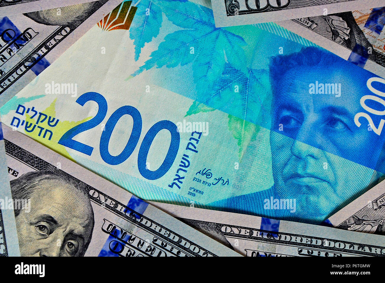 Banknote two hundred Israeli shekel of 2015 and banknotes of 100 ...