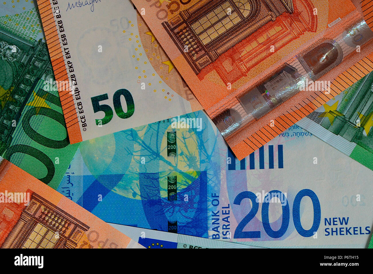 Banknotes paper Israeli shekel, 50, 100 euros. Close-up, Top view ...