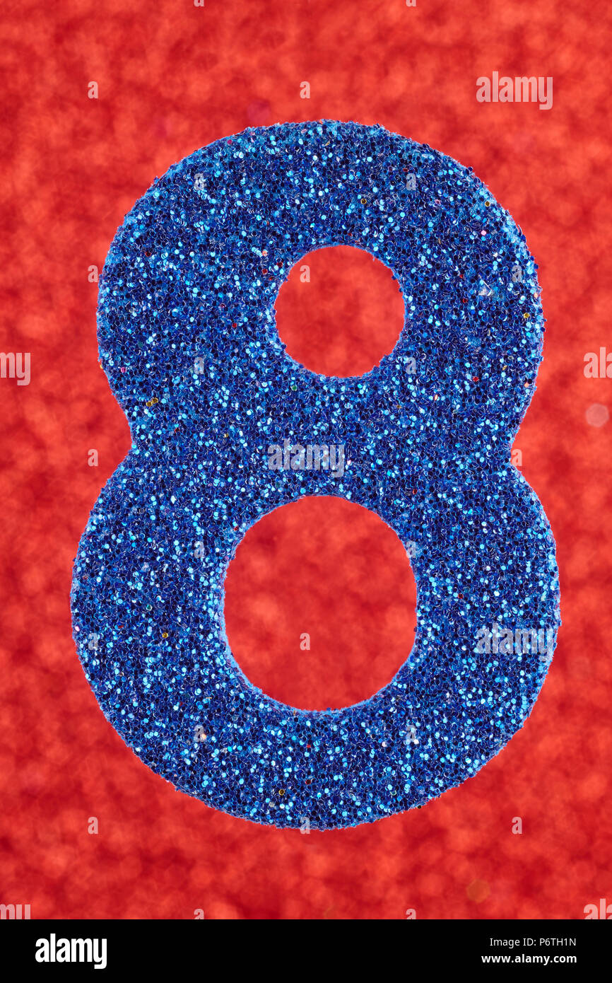 Number eight blue color over a red background. Anniversary. Vertical ...