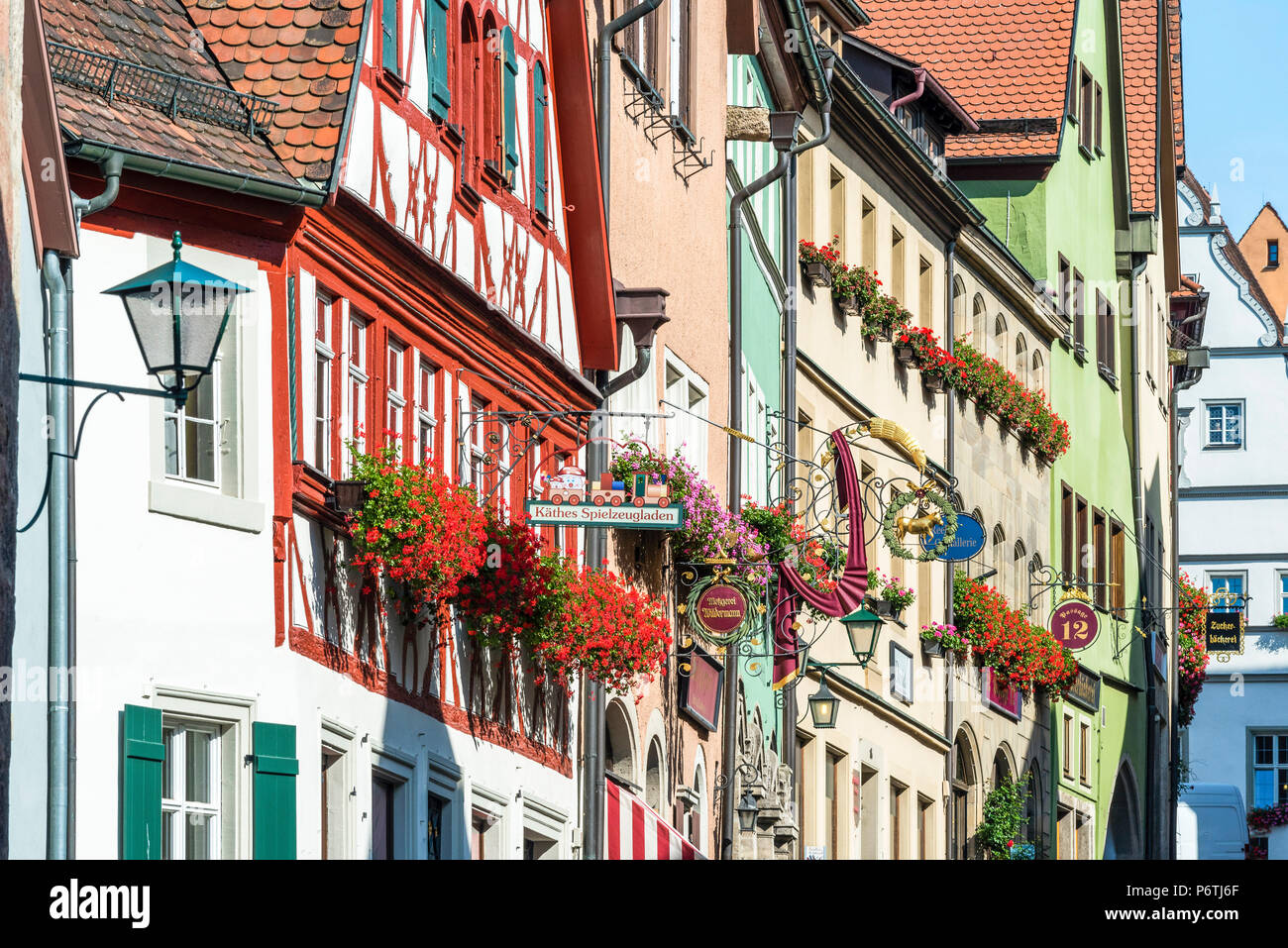 Colorful traditional timber houses in Rothenburg ob der Tauber, Bavaria ...