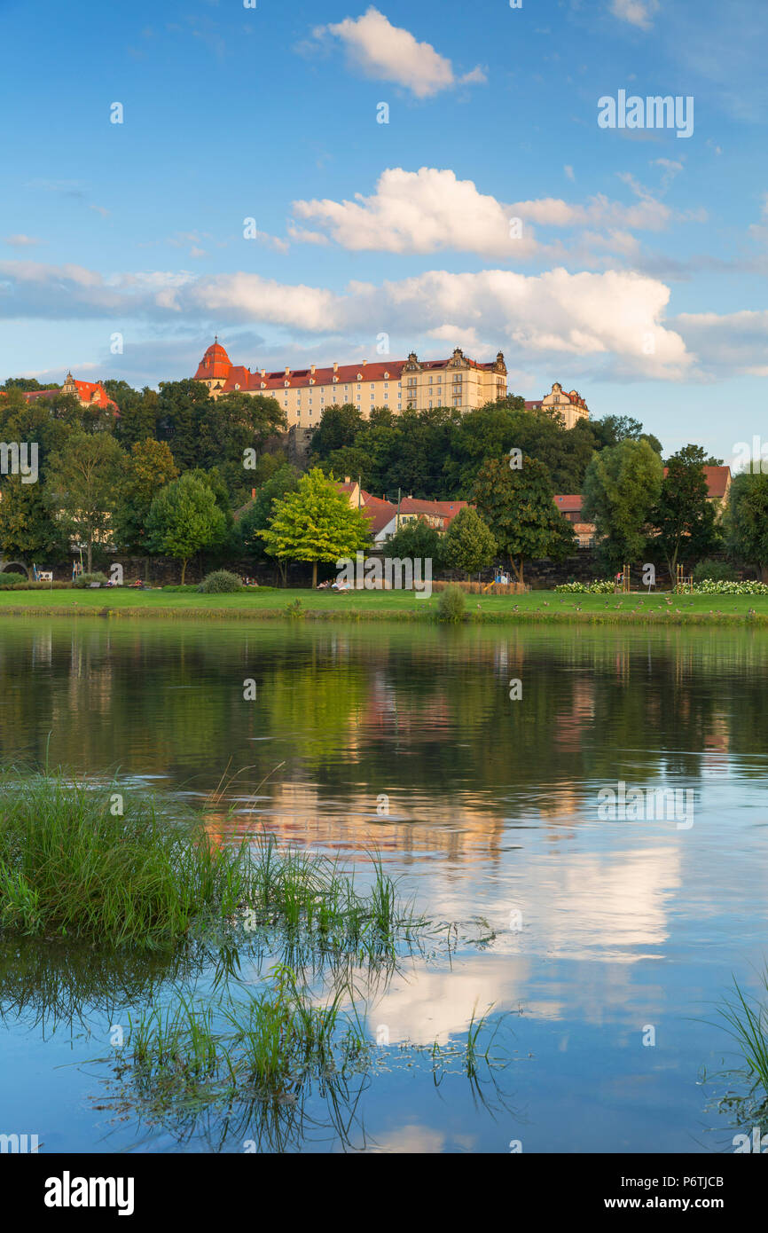 View of River Elbe and Sonnenstein Castle, Pirna, Saxony, Germany Stock ...