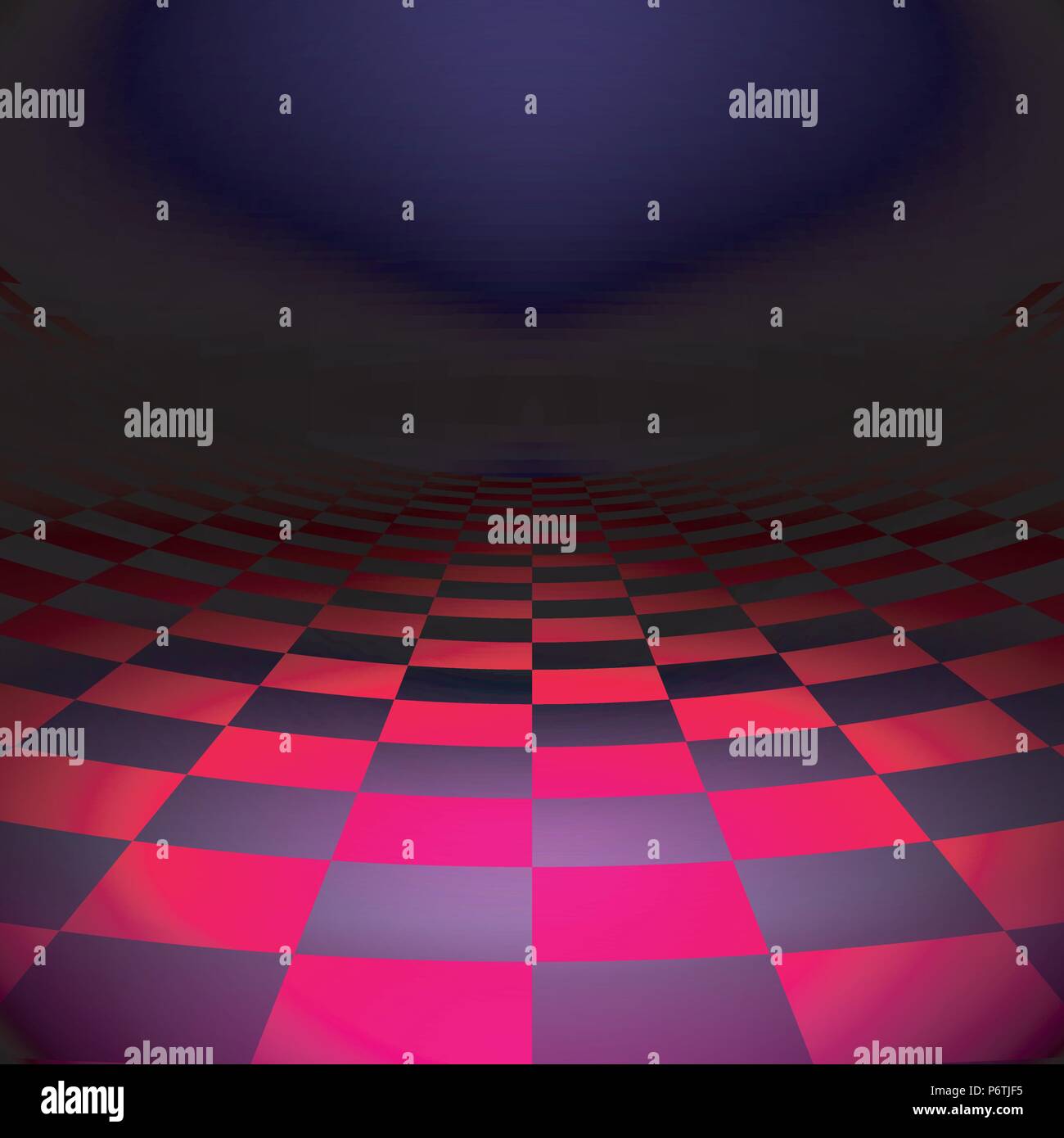 Dark interior with black and pink checkers tiles on floor. Stage scene ...