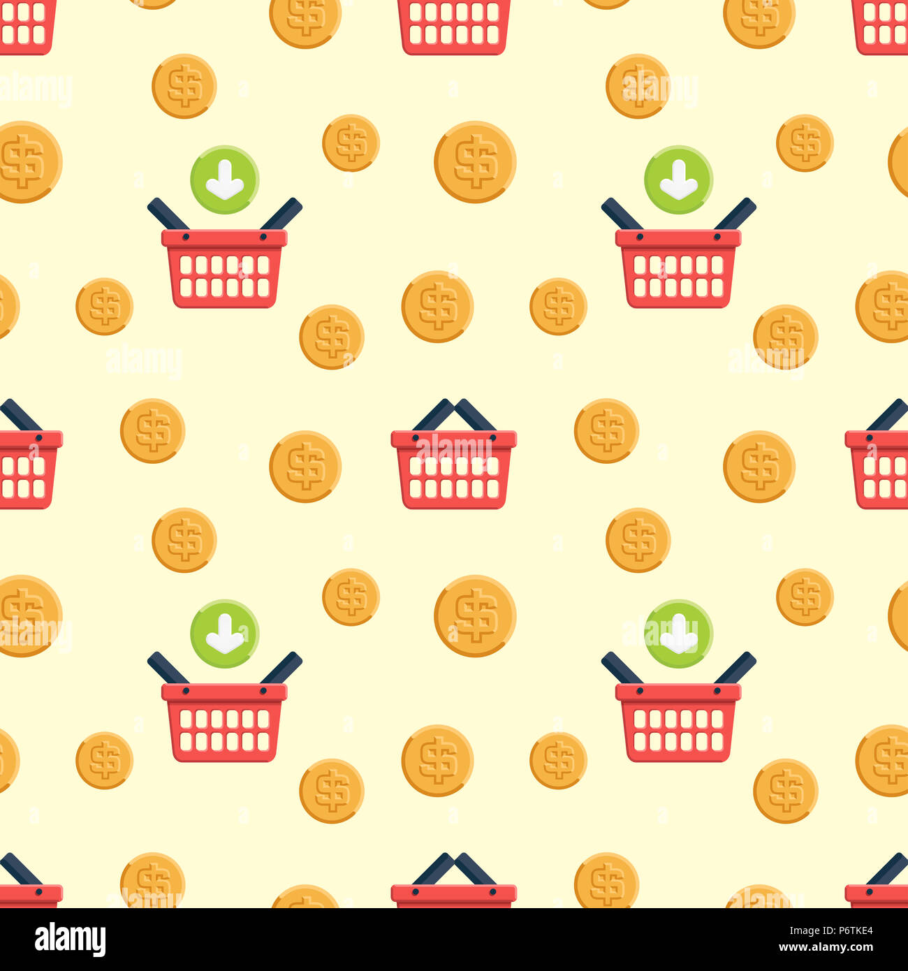 Shopping basket and coin flat icons. Seamless pattern background Stock ...