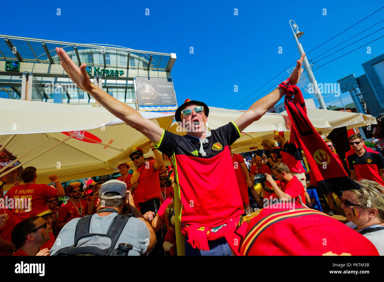 Football fans support teams on the street of the city on the day of the ...