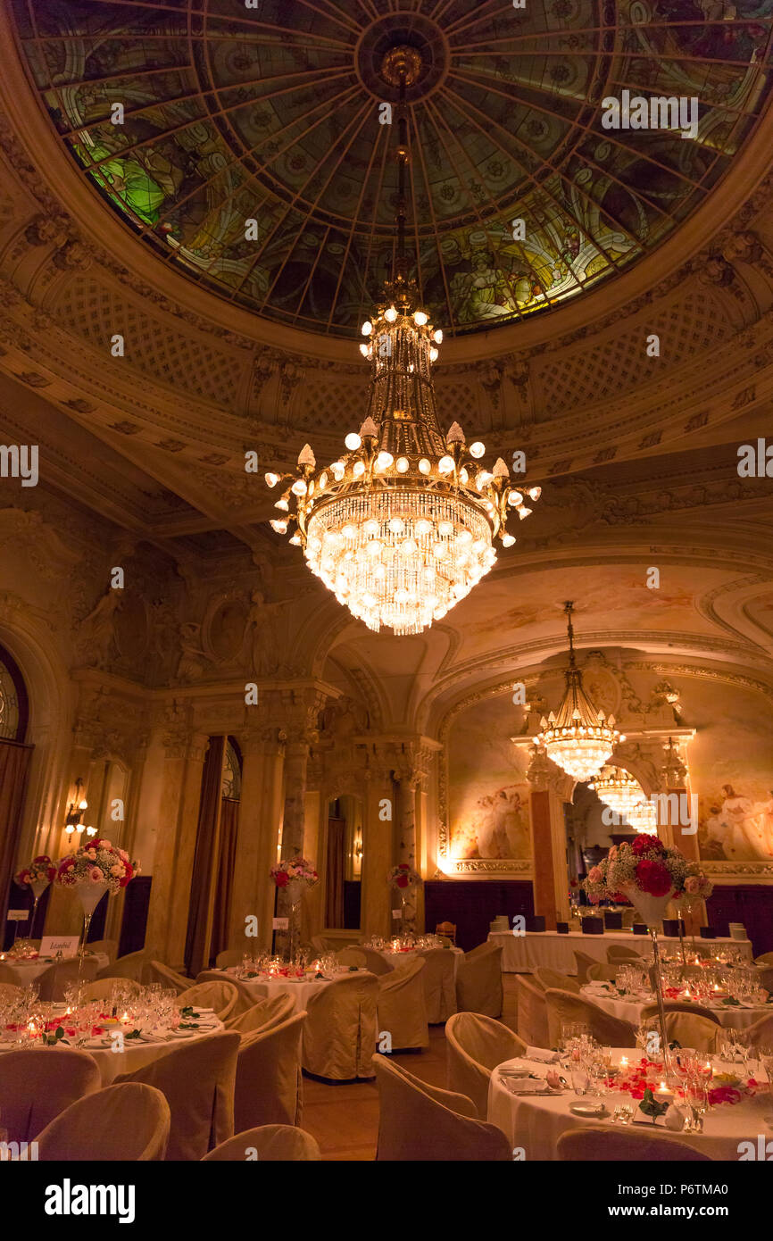 Renaissance Style Wedding Reception Room and Candle Lit Tables Stock ...