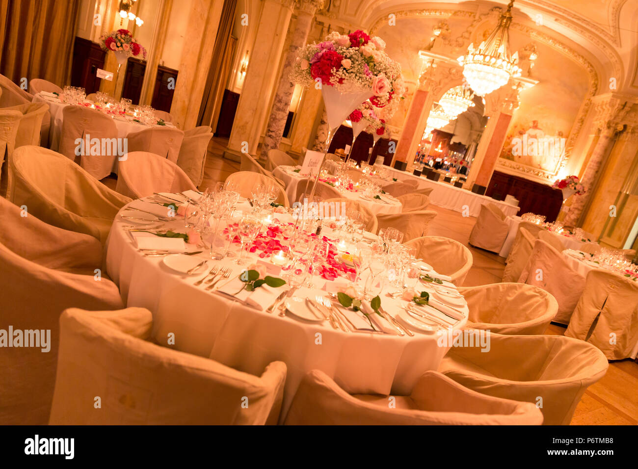 Renaissance Style Wedding Reception Room and Candle Lit Tables Stock ...