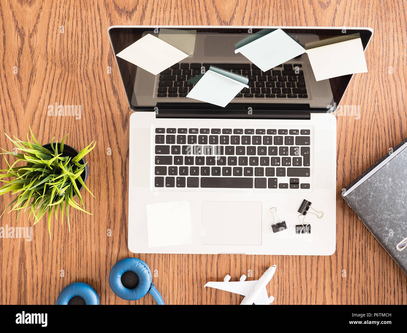 Top view image of laptop covered with note stickers Stock Photo - Alamy