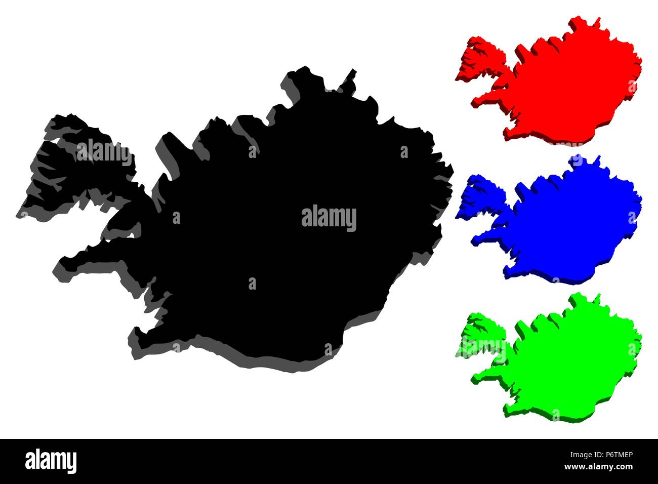 3D map of Iceland - black, red, blue and green - vector illustration ...