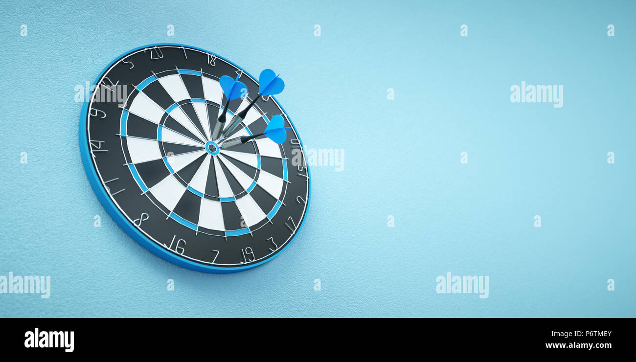Arrows on target dart on blue background Stock Photo - Alamy