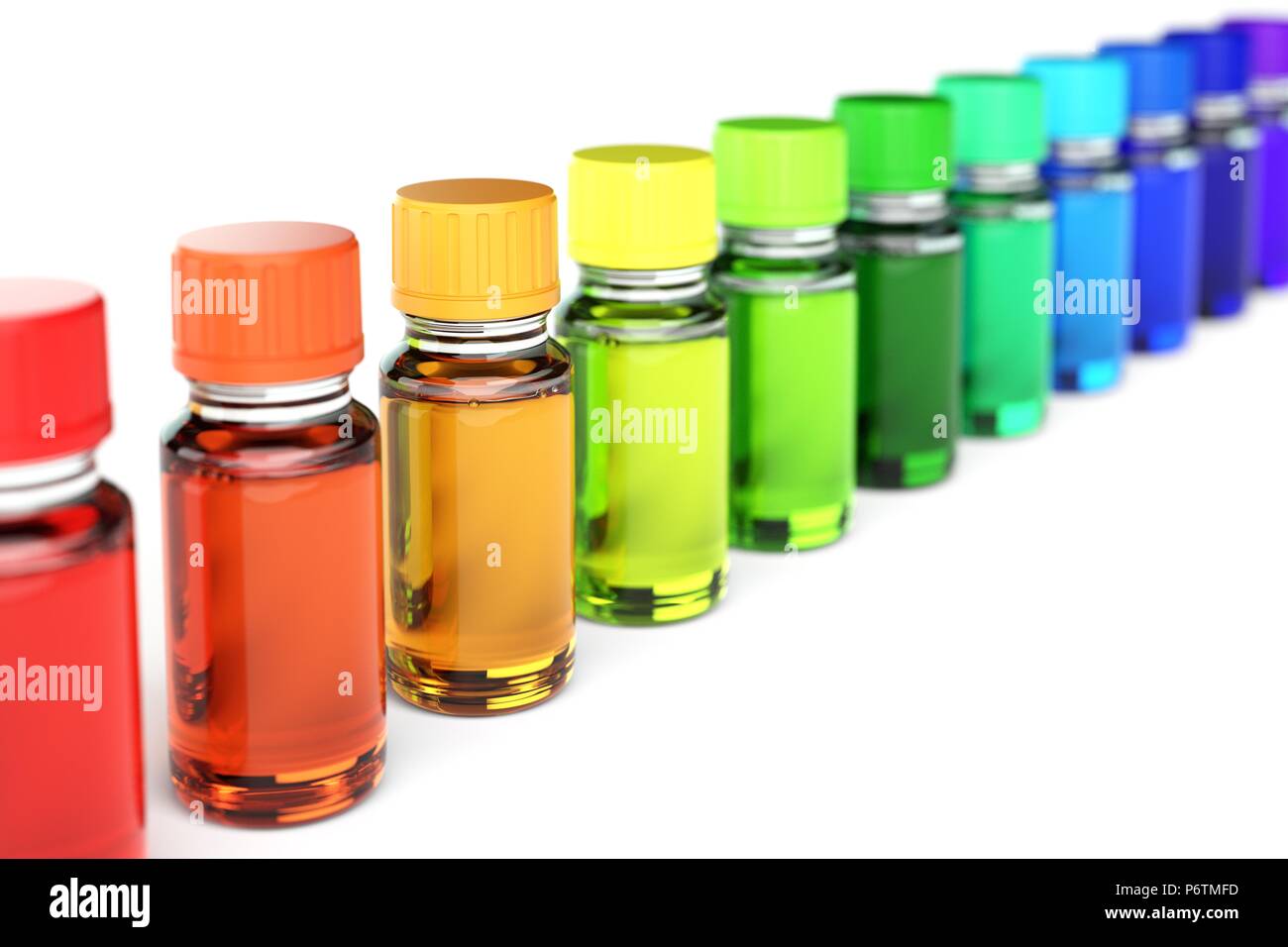 Row of sorted dropper bottles in spectrum colors Stock Photo - Alamy