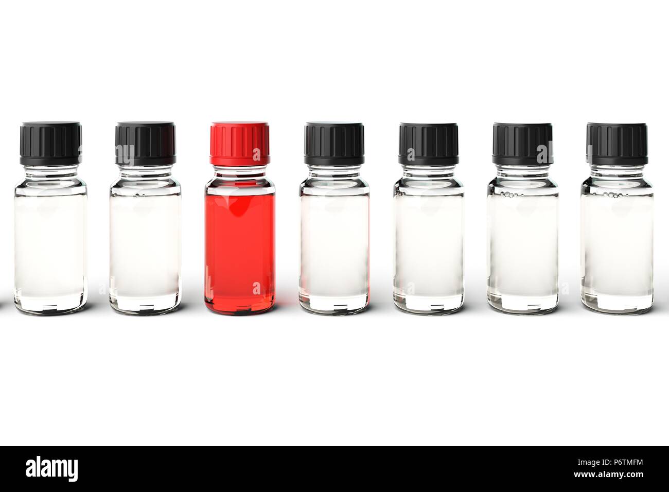 Row of transparent dropper bottles with one red exeption Stock Photo ...