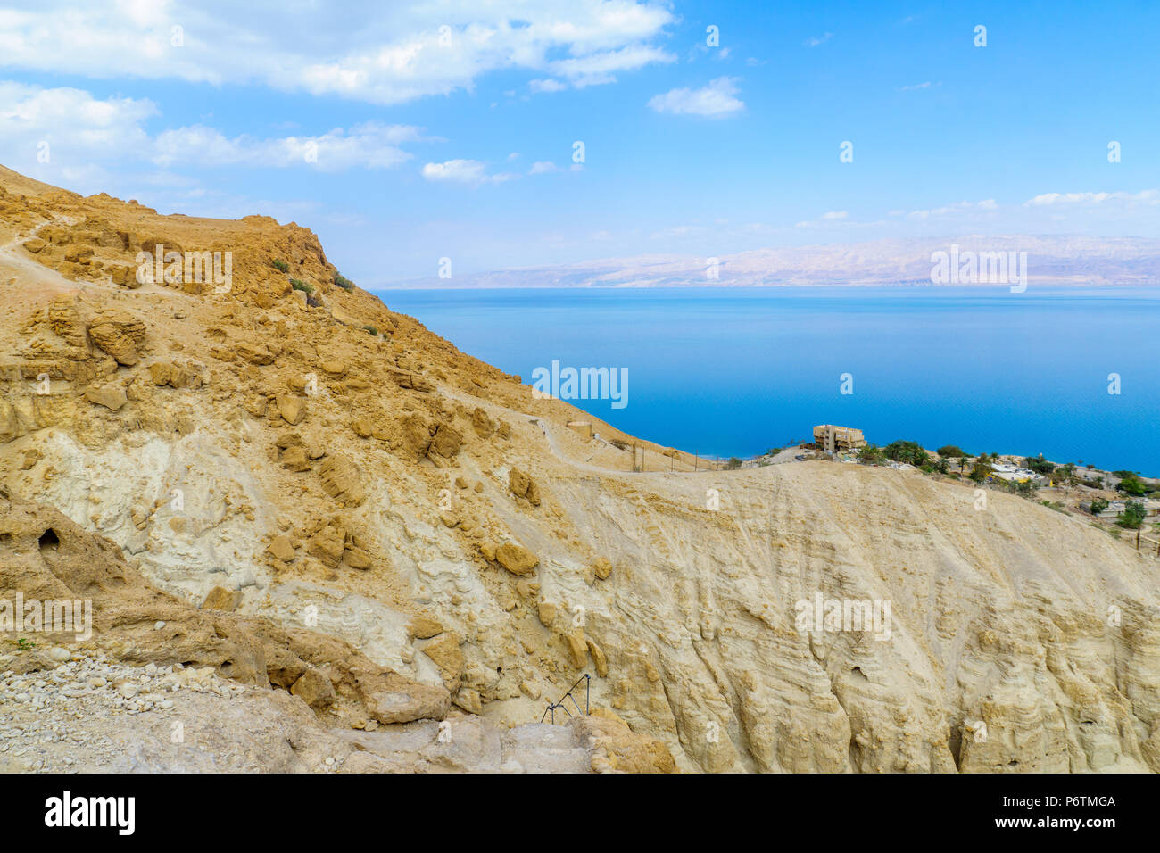 Landscape of desert and the Dead Sea, in the Ein Gedi Nature Reserve ...