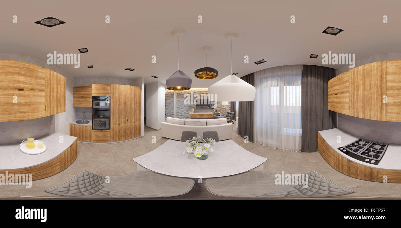 3d illustration spherical 360 degrees, seamless panorama of living room ...