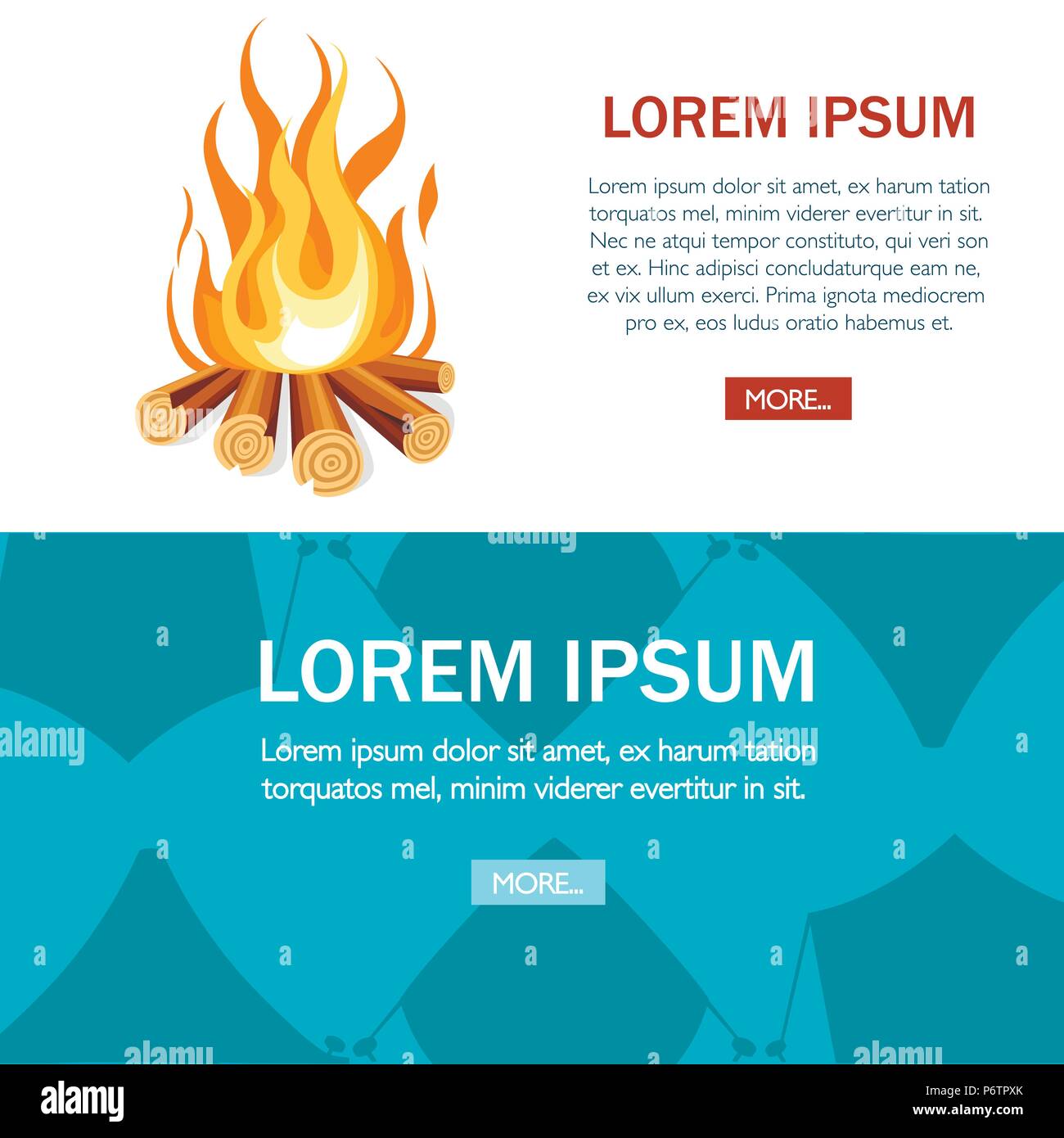 Camp with burning bonfire banner. Vector cartoon style illustration of ...