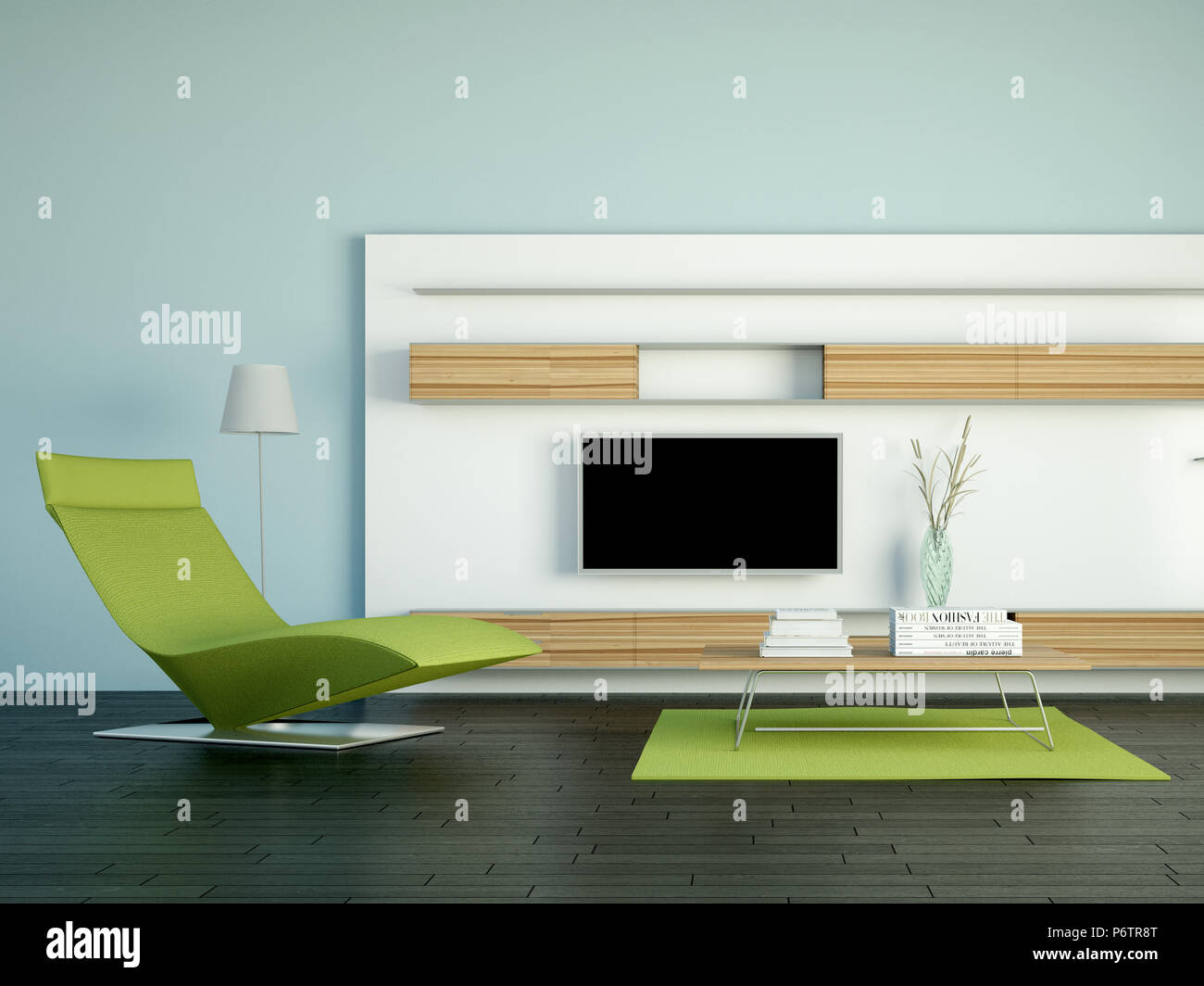 modern interior design living room with green chair and television ...