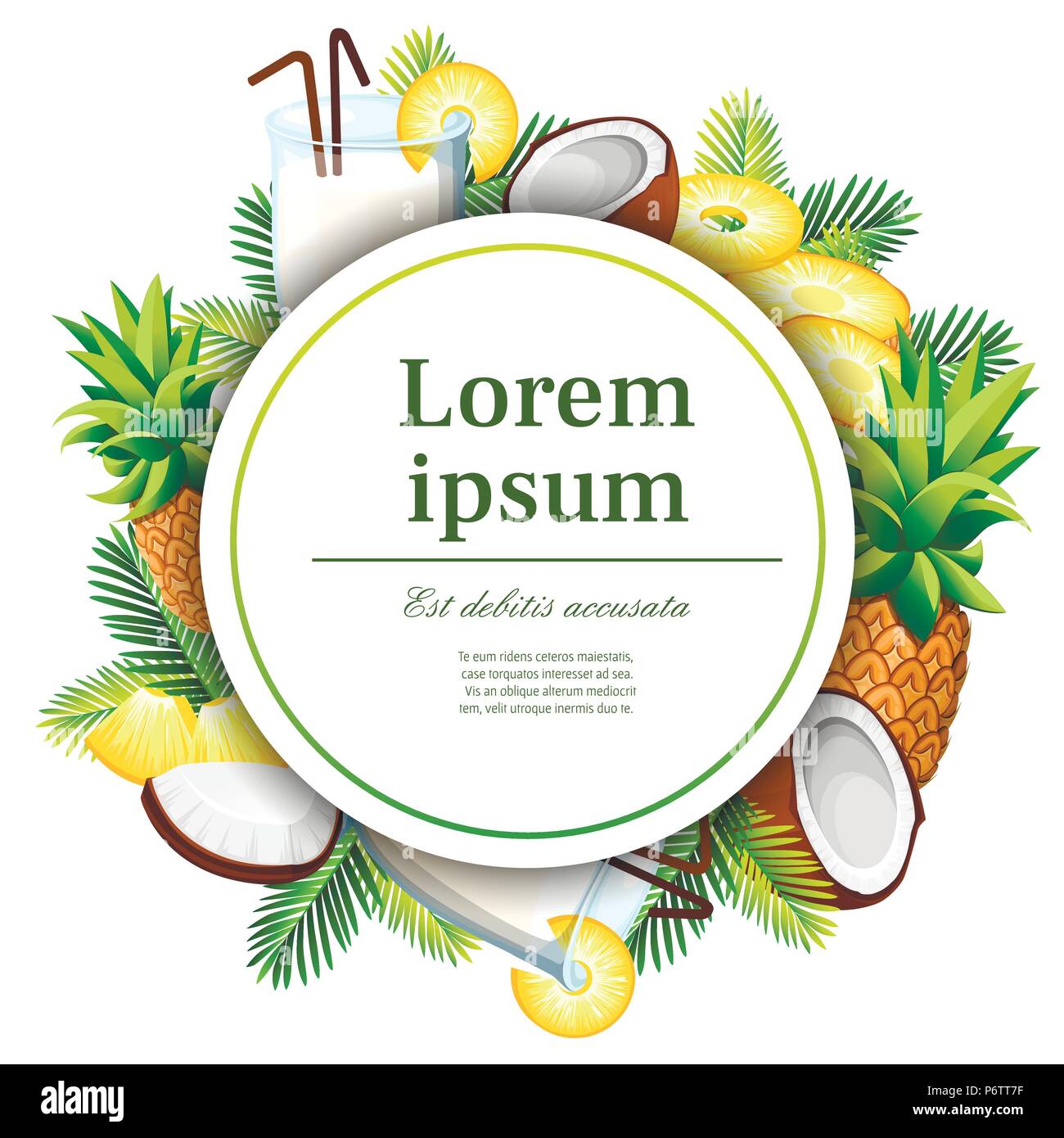 Exotic pattern. Pina colada with coconut, pineapple. Drinking glass ...