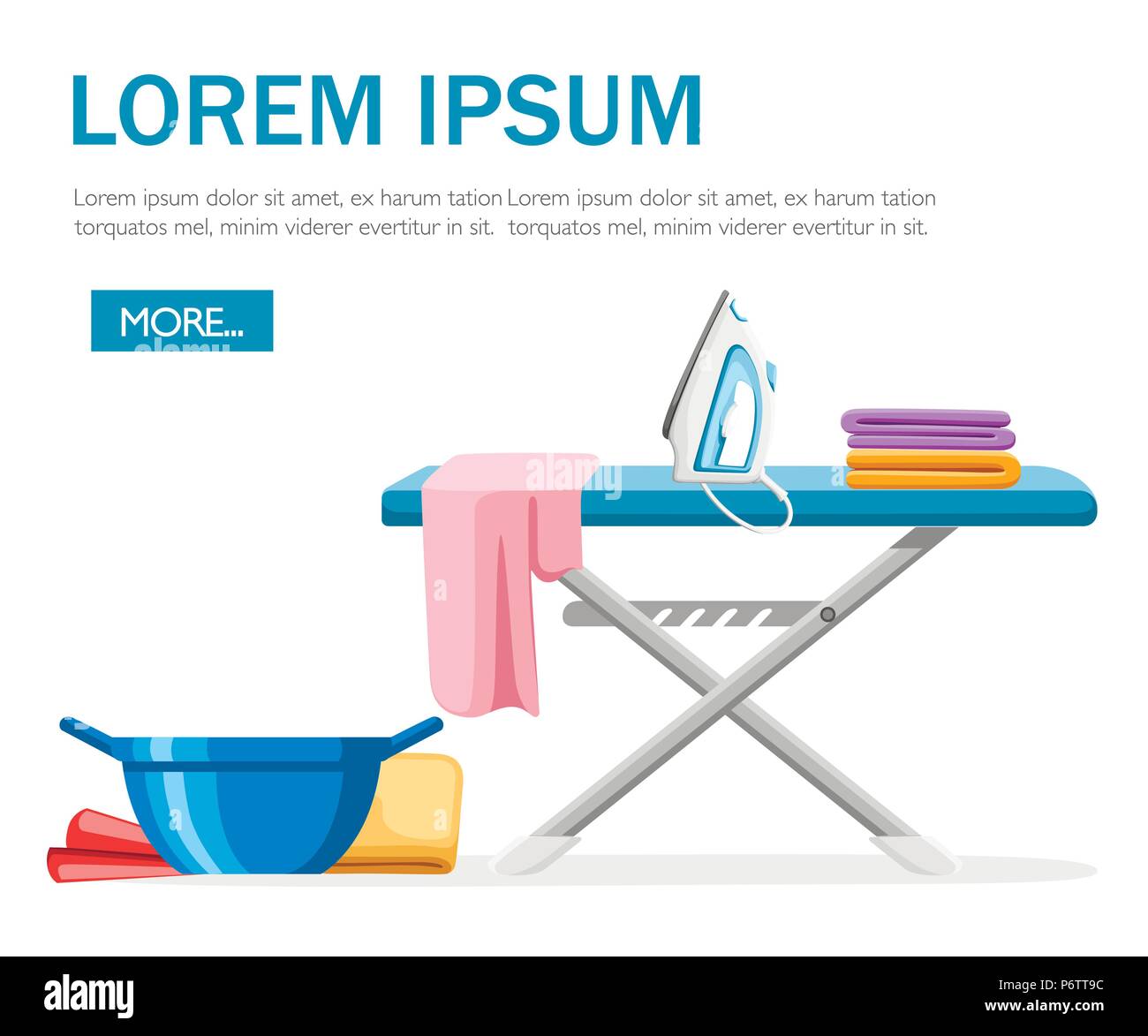 Laundry room concept. Blue ironing board, white iron, pile of towels ...