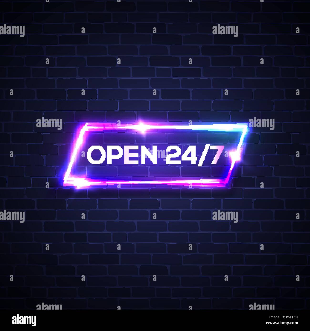 Open sign 24 7 hours. Neon light rectangle round the clock store frame ... Open sign 24 7 hours. Neon light rectangle round the clock store frame ...