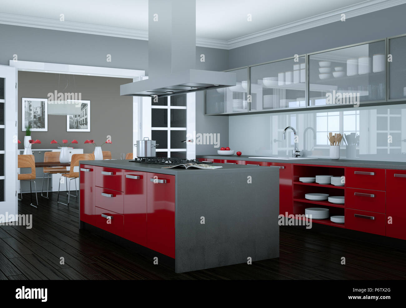 Red modern kitchen interior design illustration Stock Photo - Alamy