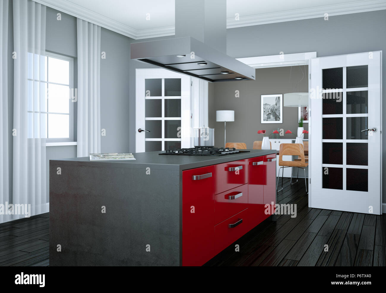 Red modern kitchen interior design illustration Stock Photo - Alamy