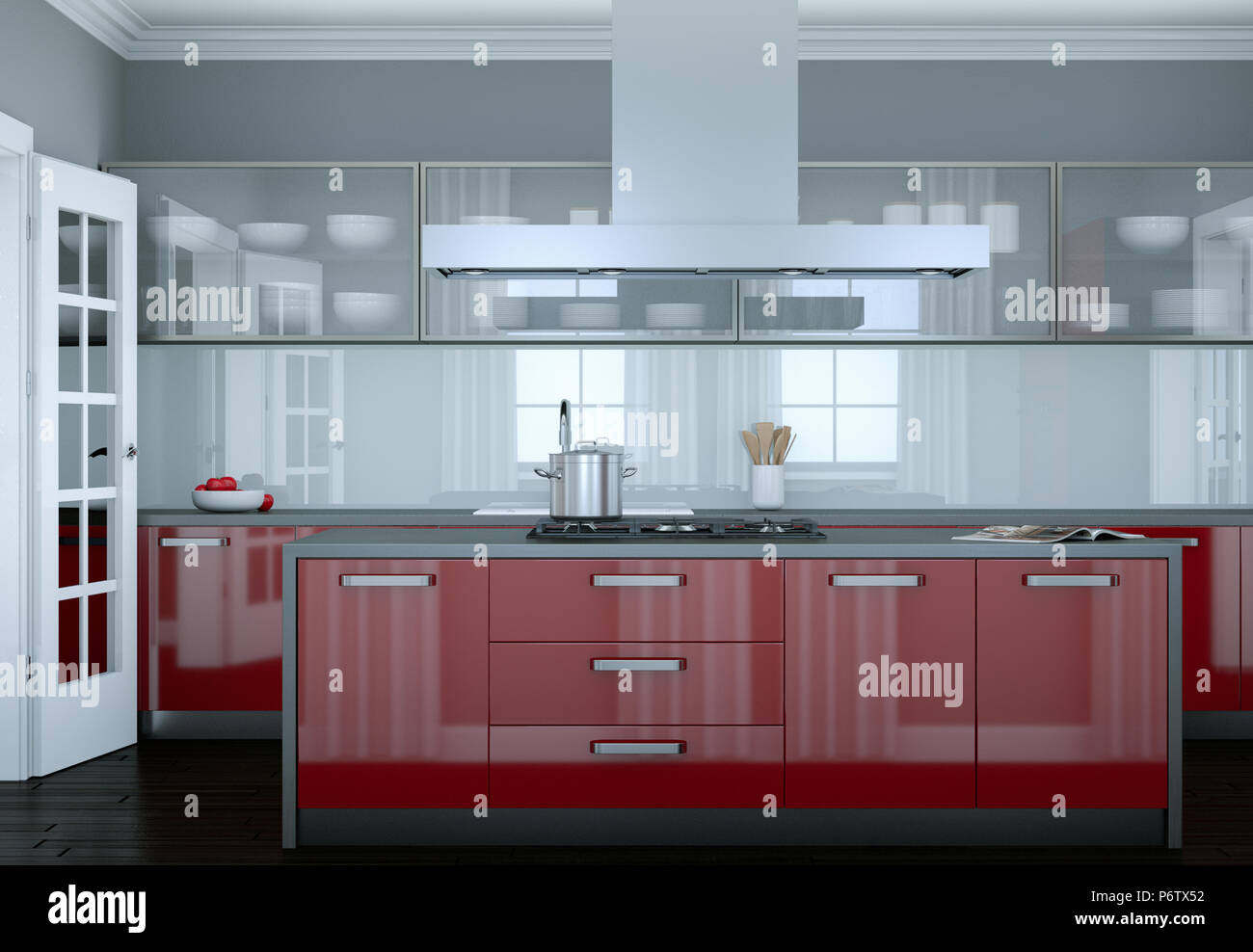 Red modern kitchen interior design illustration Stock Photo - Alamy