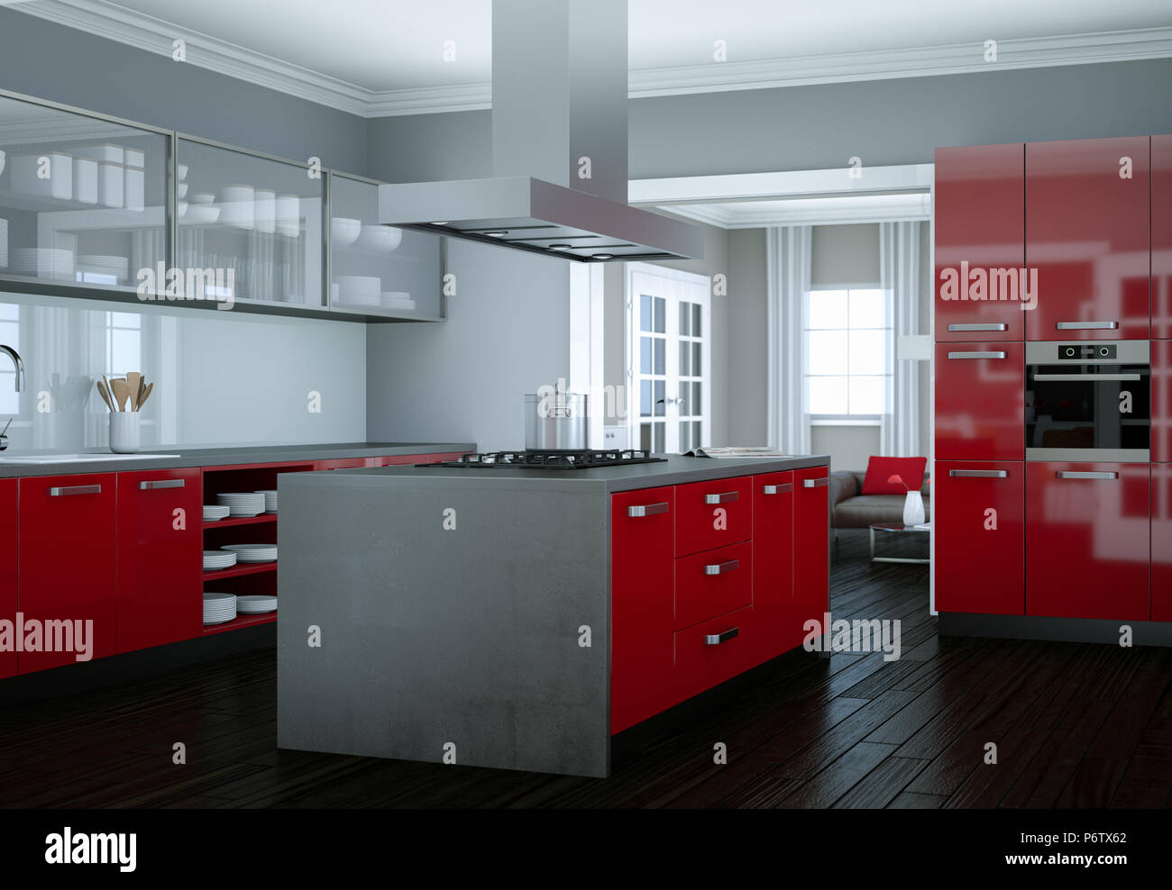 Red modern kitchen interior design illustration Stock Photo - Alamy