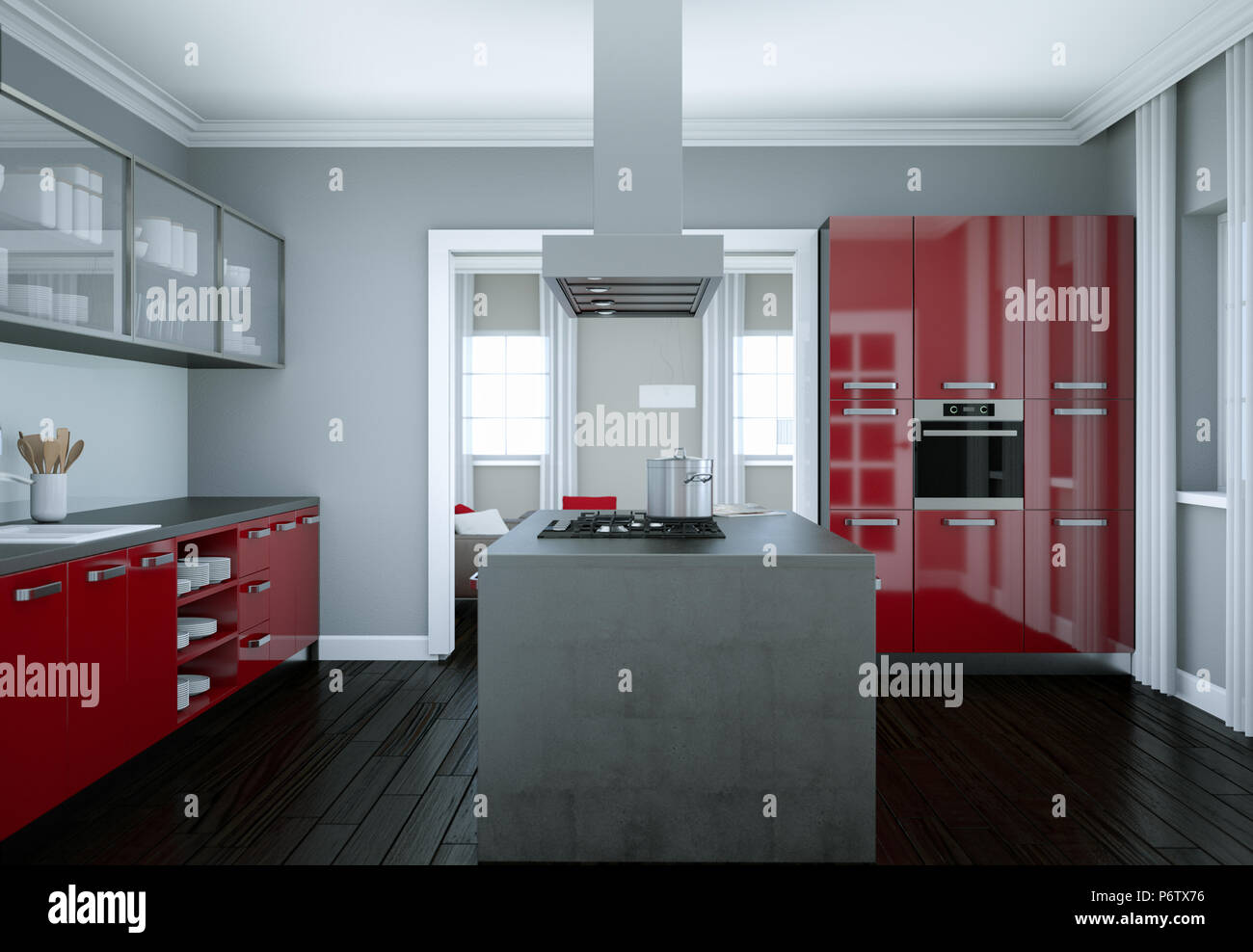 Red modern kitchen interior design illustration Stock Photo - Alamy